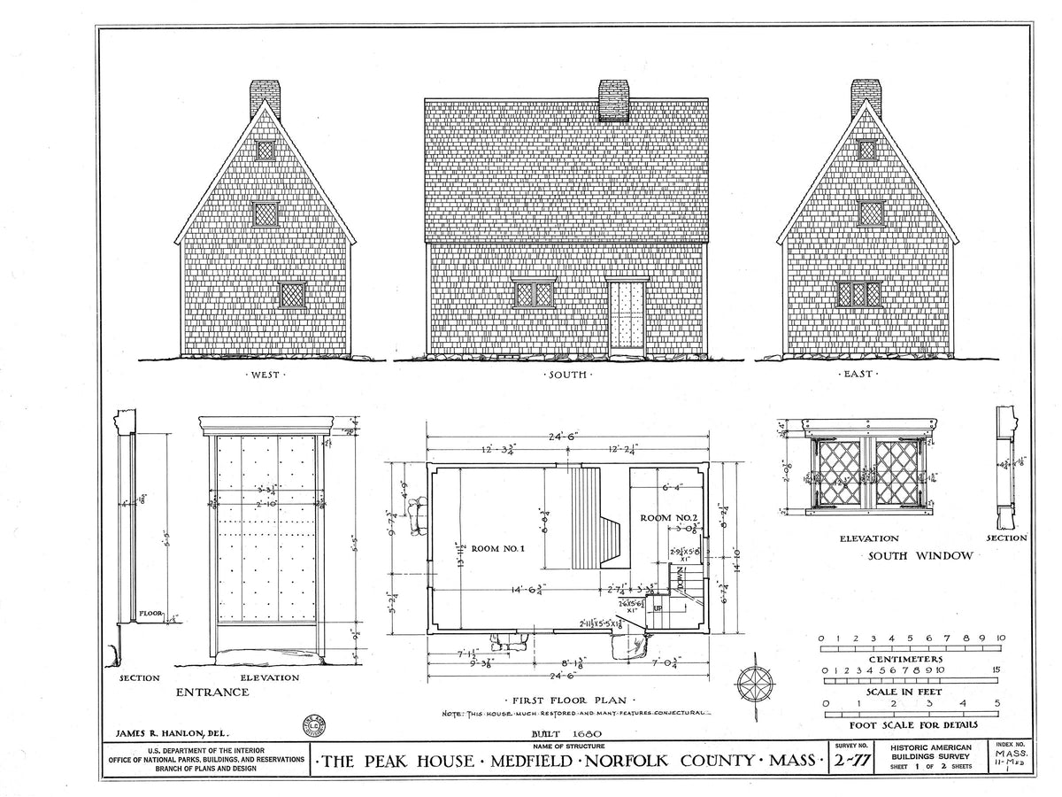 Traditional colonial shingled cottage, timber frame, printed architect ...